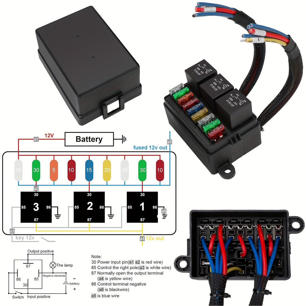 Pre-Wired Fuse Relay Box 3 Way 4-Pin 40A Relay Block Kit (10001469 ...