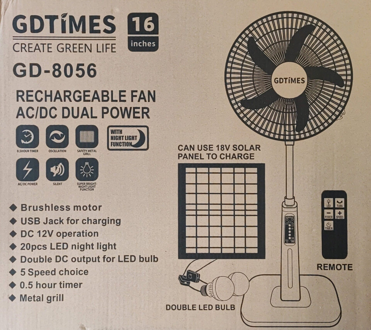GDTIMES 16Inch Solar Rechargeable Fan and LED Light Kit - Stay Cool and ...