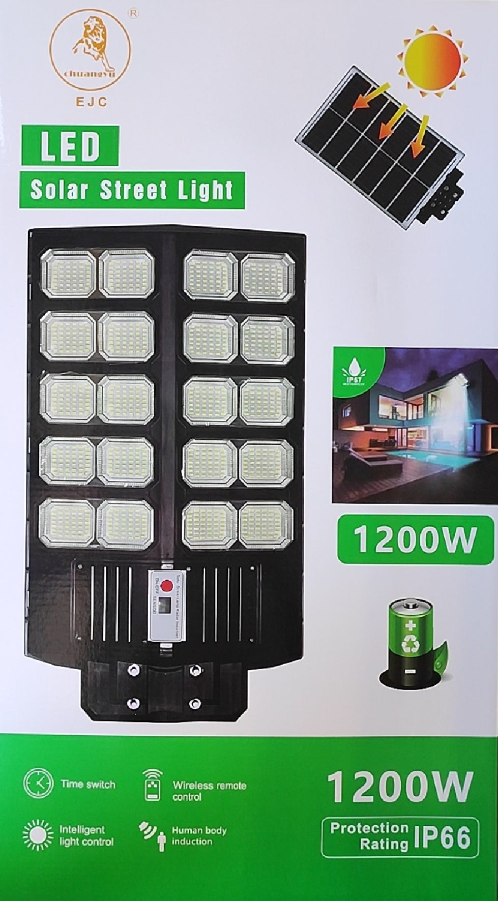 EJC 1200Watt Solar Powered Remote Controlled LED Street/Pole Light ...