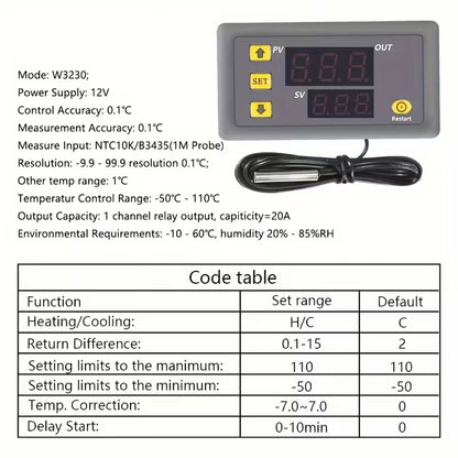 W3230 12VDC Probe Line 20A Digital Temperature Controller (10001004 ...